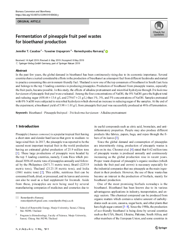 (PDF) Fermentation of pineapple fruit peel wastes for bioethanol production