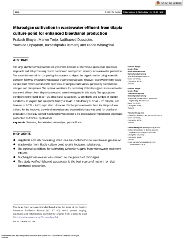 (PDF) Microalgae cultivation in wastewater effluent from tilapia culture pond for enhanced ...