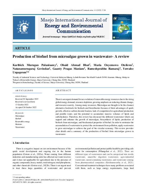(PDF) Production of biofuel from microalgae grown in wastewater- A review