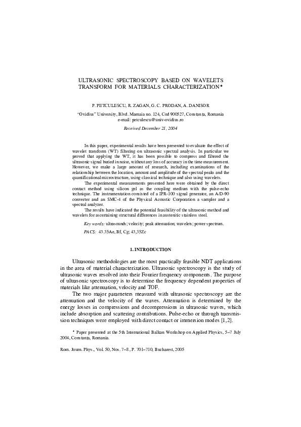 (PDF) Ultrasonic Spectroscopy Based on Wavelets Transform for Materials Characterization Ê