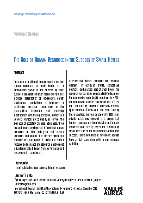 (PDF) The Role of Human Resource in the Success of Small Hotels