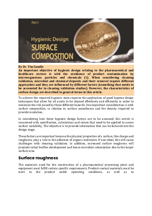 (PDF) Hygienic design Part 1: Surface composition