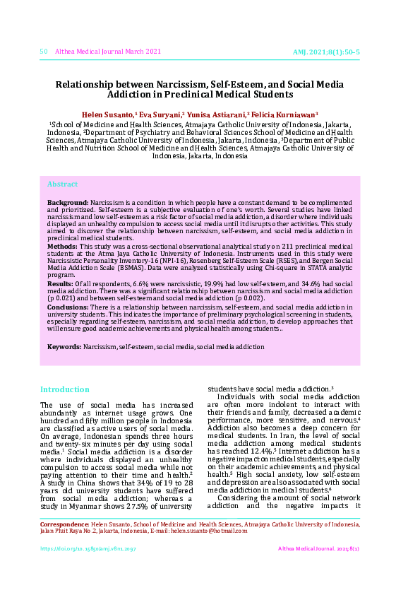 (PDF) Relationship between Narcissism, Self-Esteem, and Social Media Addiction in Preclinical ...