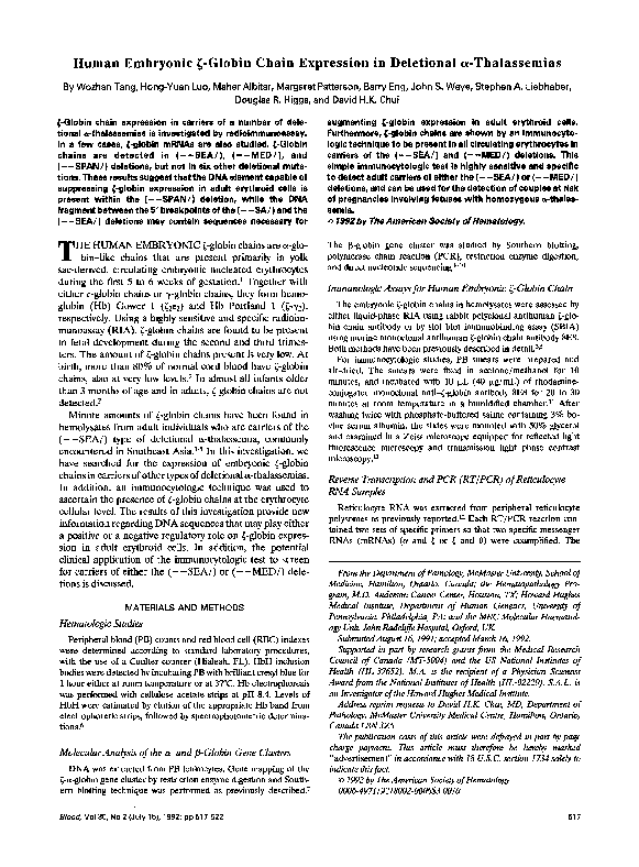 (PDF) Human embryonic zeta-globin chain expression in deletional alpha ...