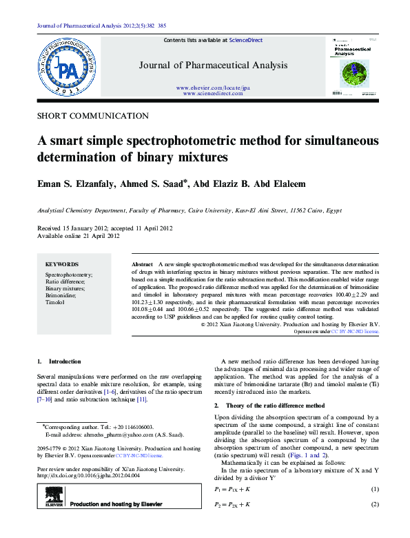 Pdf A Smart Simple Spectrophotometric Method For Simultaneous Determination Of Binary Mixtures