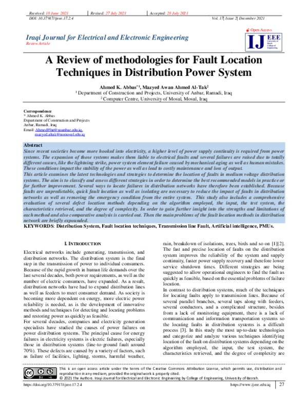 (PDF) A Review of methodologies for Fault Location Techniques in Distribution Power System