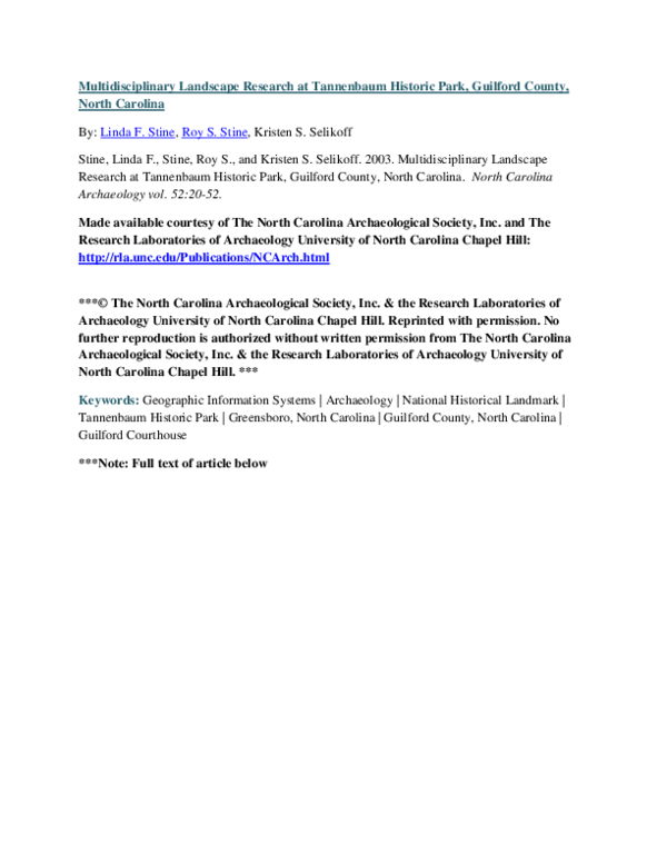 (PDF) Multidisciplinary Landscape Research at Tannenbaum Historic Park ...