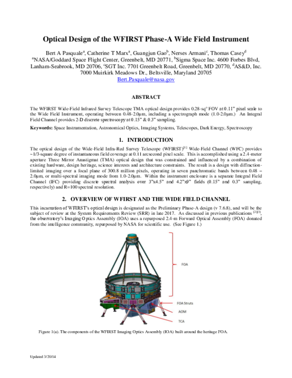 (PDF) Optical Design of the WFIRST Phase-A Wide Field Instrument
