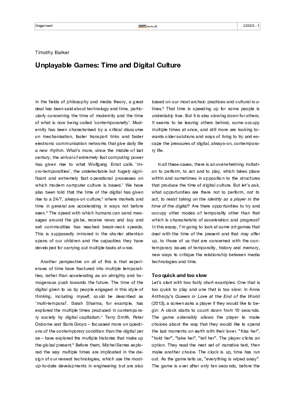 (PDF) Unplayable Games: Time and Digital Culture