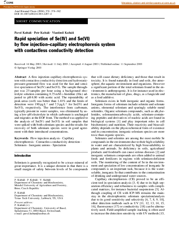 (PDF) Rapid speciation of Se(IV) and Se(VI) by flow injection?capillary ...
