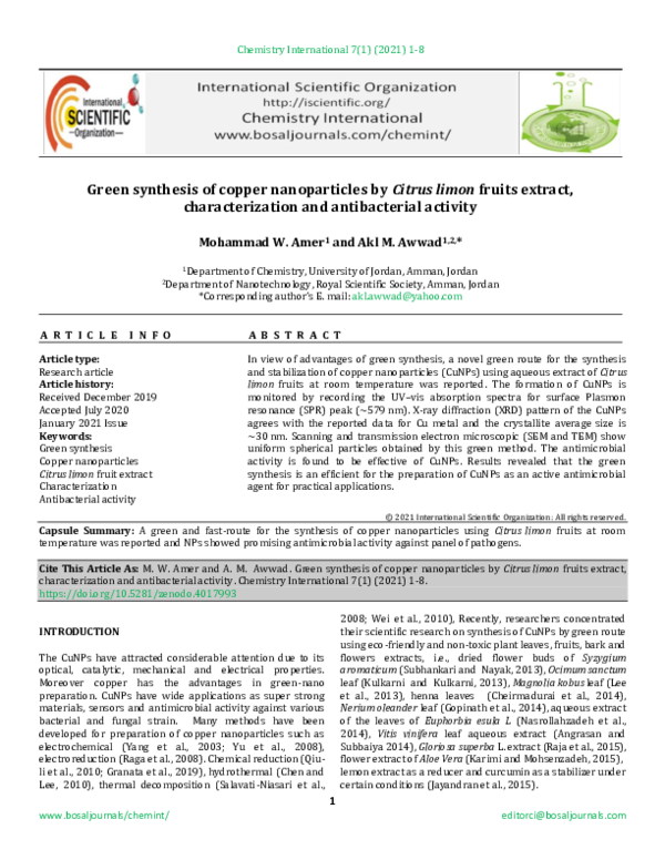 (PDF) Green synthesis of copper nanoparticles by Citrus medica Linn. (Idilimbu) juice and its ...