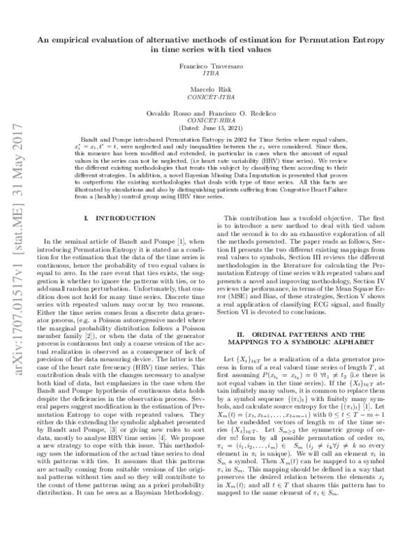 Pdf An Empirical Evaluation Of Alternative Methods Of Estimation For Permutation Entropy In