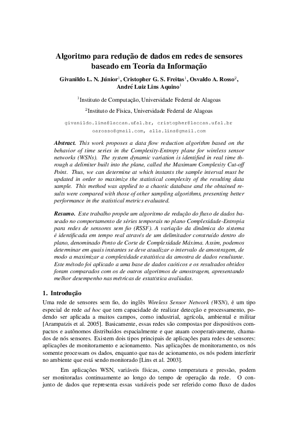 (PDF) Algoritmo para redução de dados em redes de sensores baseado em ...