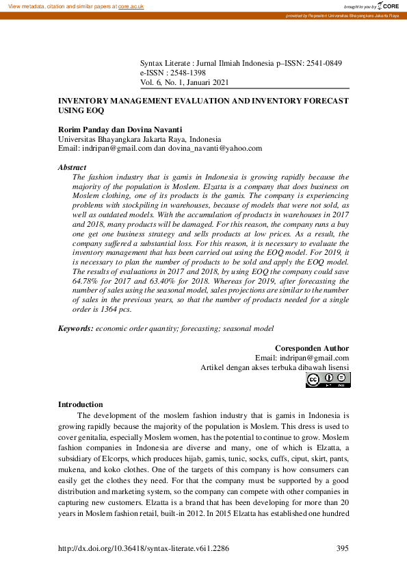 (PDF) Inventory Management Evaluation and Inventory Forecast Using EOQ