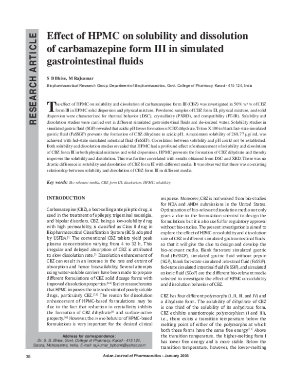(PDF) Effect of HPMC on solubility and dissolution of carbamazepine ...