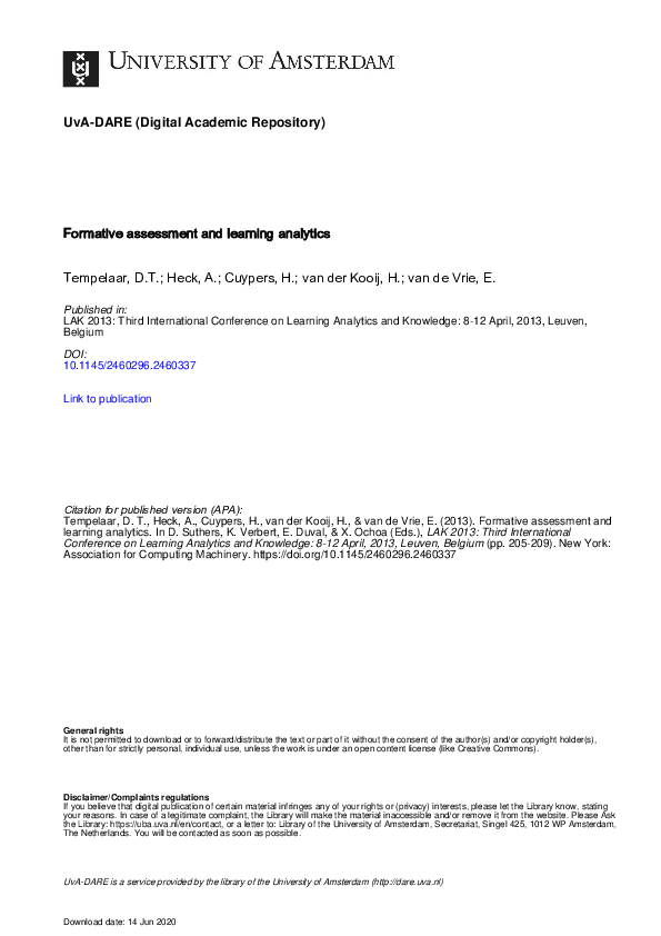 (PDF) Formative assessment and learning analytics