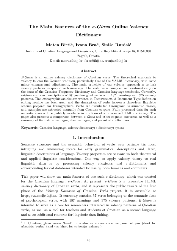 (PDF) The Main Features of the e-Glava Online Valency Dictionary