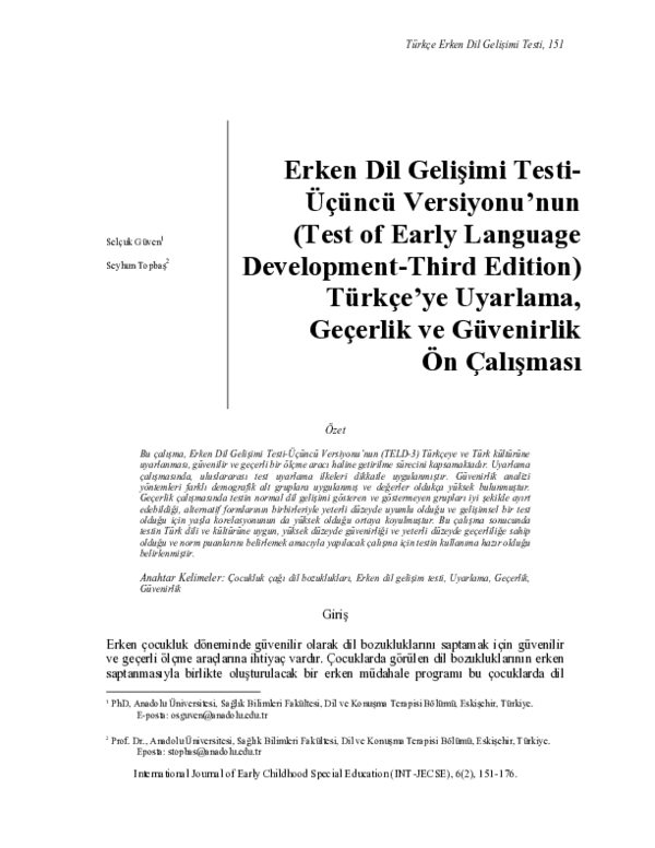 (PDF) ADAPTATION of the TEST OF EARLY LANGUAGE DEVELOPMENT- THIRD ...