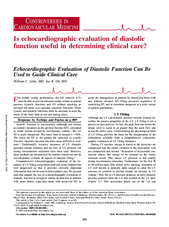 (PDF) Echocardiographic Evaluation of Diastolic Function Can Be Used to Guide Clinical Care ...