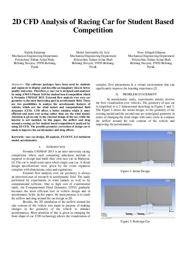 (PDF) 2D CFD Analysis of Racing Car for Student Based Competition