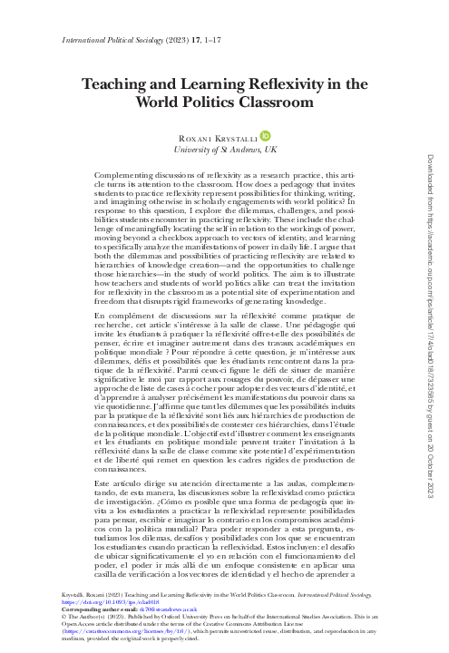 (PDF) Teaching and Learning Reflexivity in the World Politics Classroom