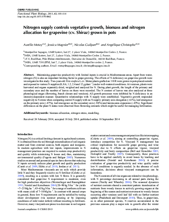 (PDF) Nitrogen supply controls vegetative growth, biomass and nitrogen allocation for grapevine ...