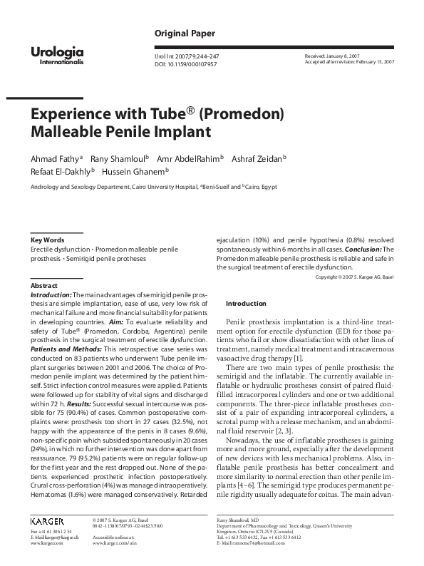 (PDF) Experience with Tube® (Promedon) Malleable Penile Implant