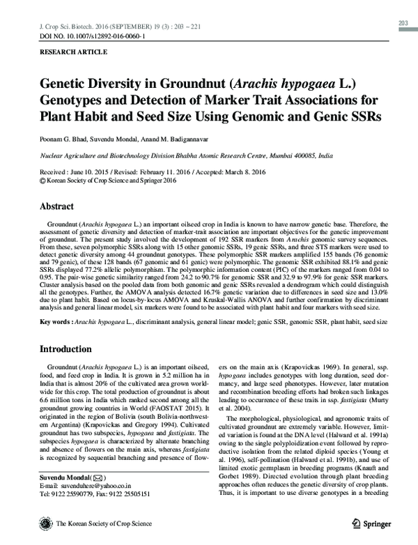 (PDF) Genetic diversity in groundnut (Arachis hypogaea L.) genotypes and detection of marker ...