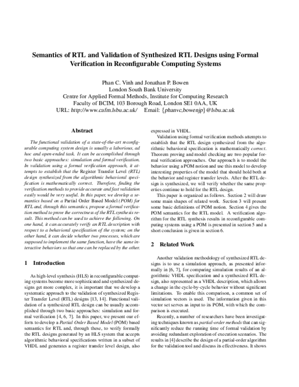 (PDF) Semantics of RTL and Validation of Synthesized RTL Designs Using Formal Verification in ...