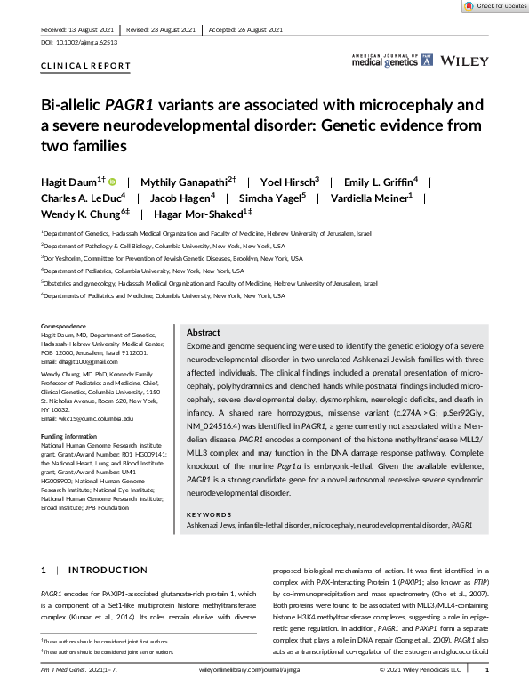 (PDF) Bi‐allelic PAGR1 variants are associated with microcephaly and a ...