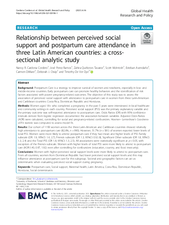 (PDF) Relationship between perceived social support and postpartum care ...