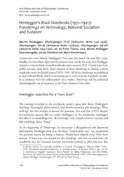 (PDF) Heidegger’s Black Notebooks (1931–1941): Ponderings on Technology, National Socialism and ...