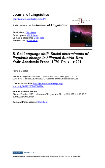 (PDF) S. Gal Language shift. Social determinants of linguistic change ...