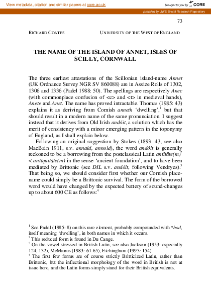 (PDF) The name of the island of Annet, Isles of Scilly, Cornwall