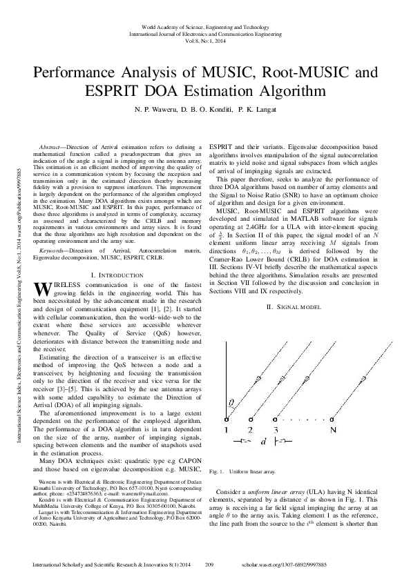 Pdf Performance Analysis Of Music Root Music And Esprit Doa