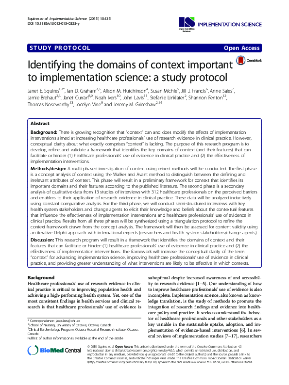 (PDF) Identifying the domains of context important to implementation science: a study protocol