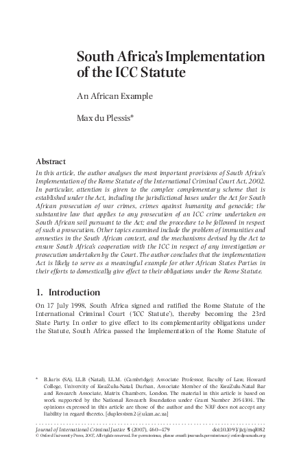 (PDF) South Africa's Implementation of the ICC Statute: An African Example