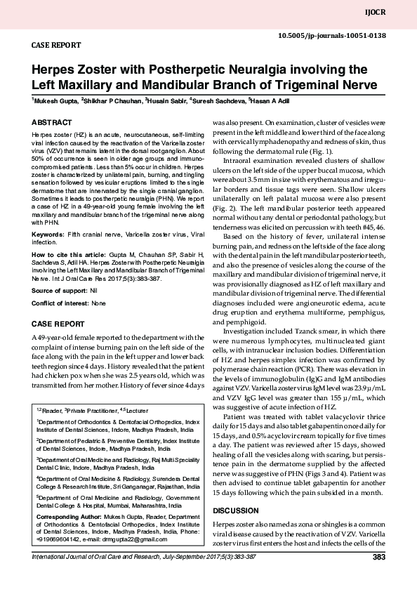 (PDF) Herpes Zoster with Postherpetic Neuralgia involving the Left ...