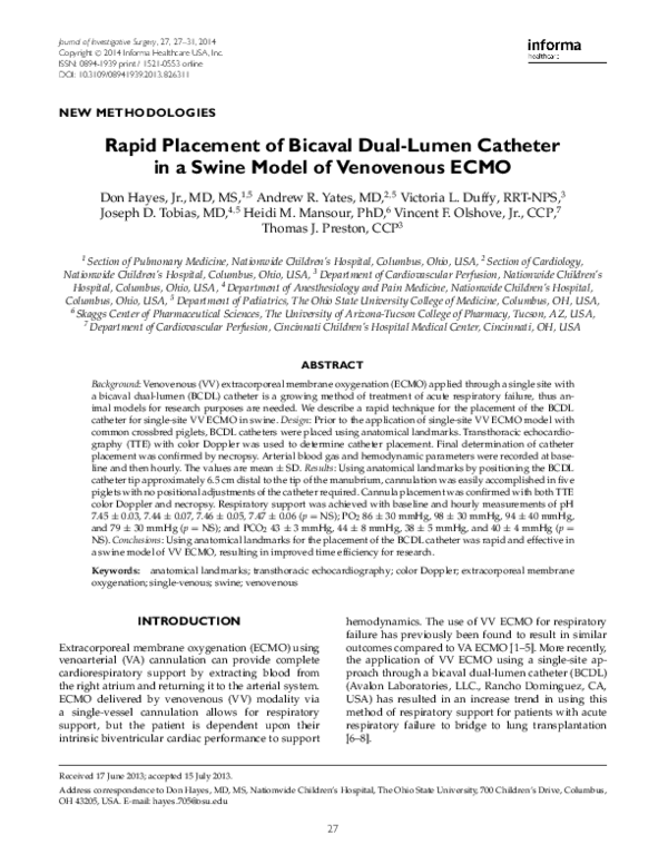 (PDF) Rapid BCDL Catheter Placement in Swine for ECMO