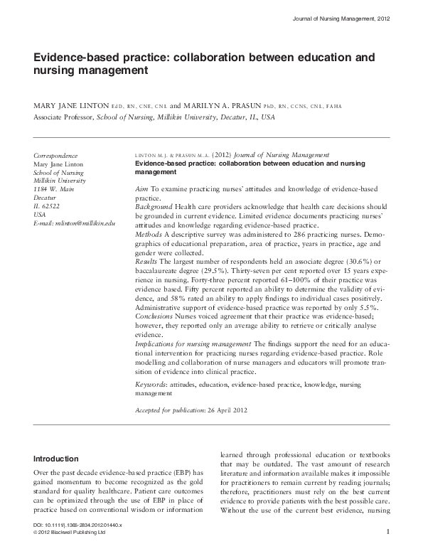 (PDF) Evidence-based practice: collaboration between education and nursing management | Marilyn ...