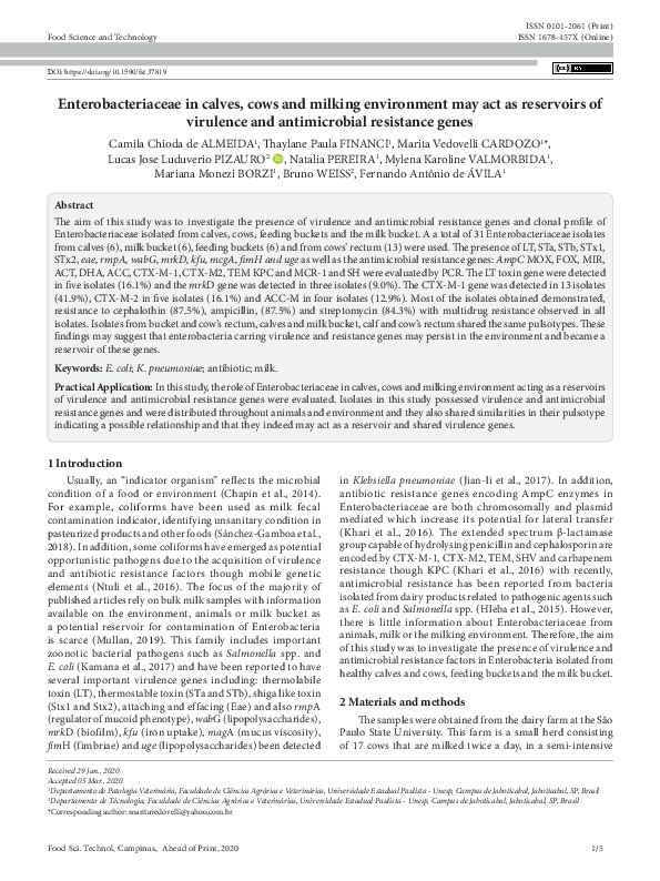 (PDF) Enterobacteriaceae in calves, cows and milking environment may act as reservoirs of ...
