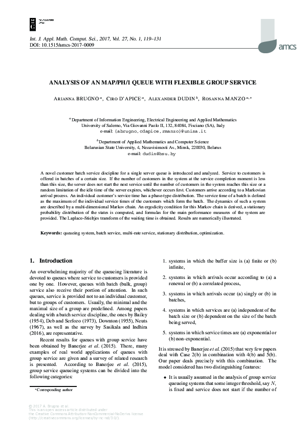 (PDF) Analysis of an MAP/PH/1 Queue with Flexible Group Service | Rosanna Manzo - Academia.edu