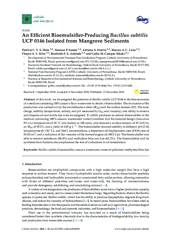 (PDF) An Efficient Bioemulsifier-Producing Bacillus subtilis UCP 0146 ...