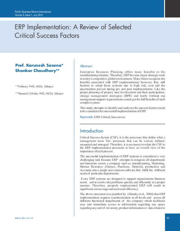 (PDF) ERP Implementation: A Review of Selected Critical Success Factors