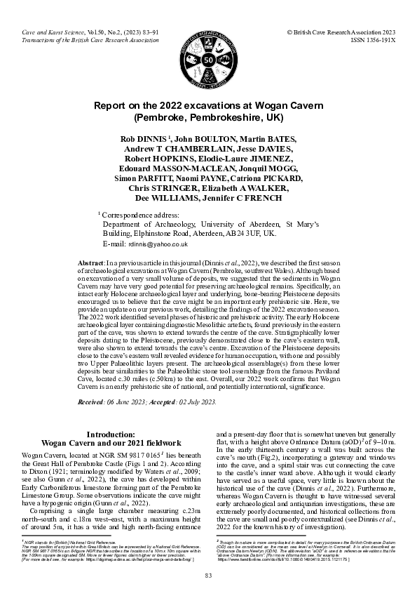 (PDF) Report on the 2022 excavations at Wogan Cavern (Pembroke ...