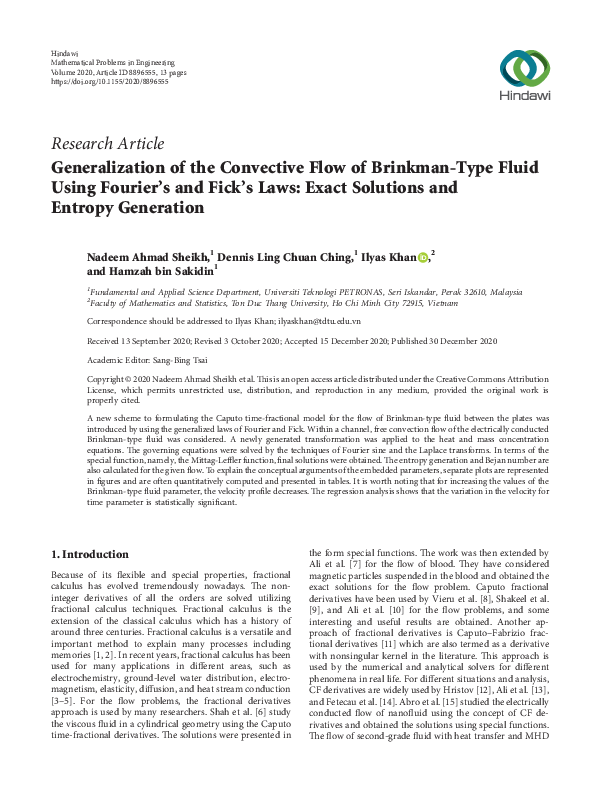 Pdf Generalization Of The Convective Flow Of Brinkman Type Fluid