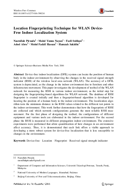 (PDF) Location Fingerprinting Technique for WLAN Device-Free Indoor Localization System