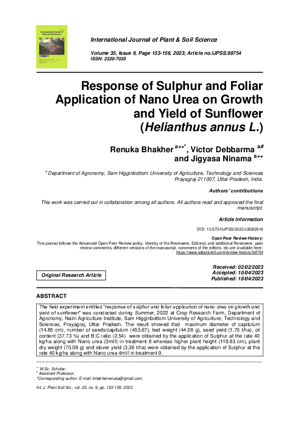 Pdf Response Of Sulphur And Foliar Application Of Nano Urea On Growth