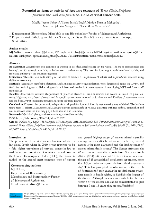 (PDF) Potential anticancer activity of Acetone extracts of Toona cilliata, Seriphium plumosum ...