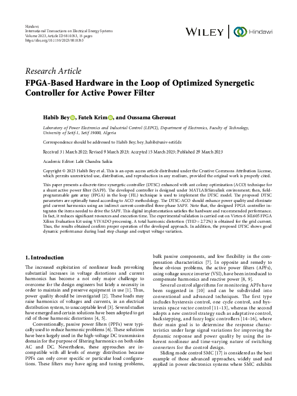 Pdf Fpga Based Hardware In The Loop Of Optimized Synergetic Controller For Active Power Filter